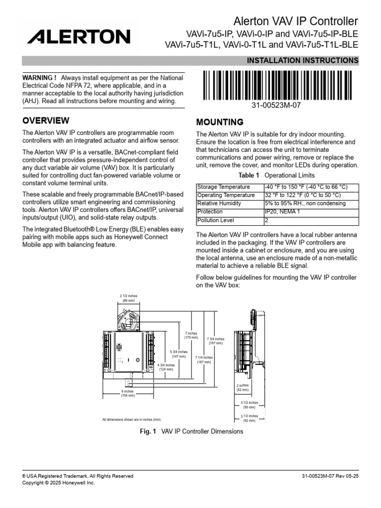 Hon Ba Alerton Vav Ip Controller Installationo Instructions | PDF ...