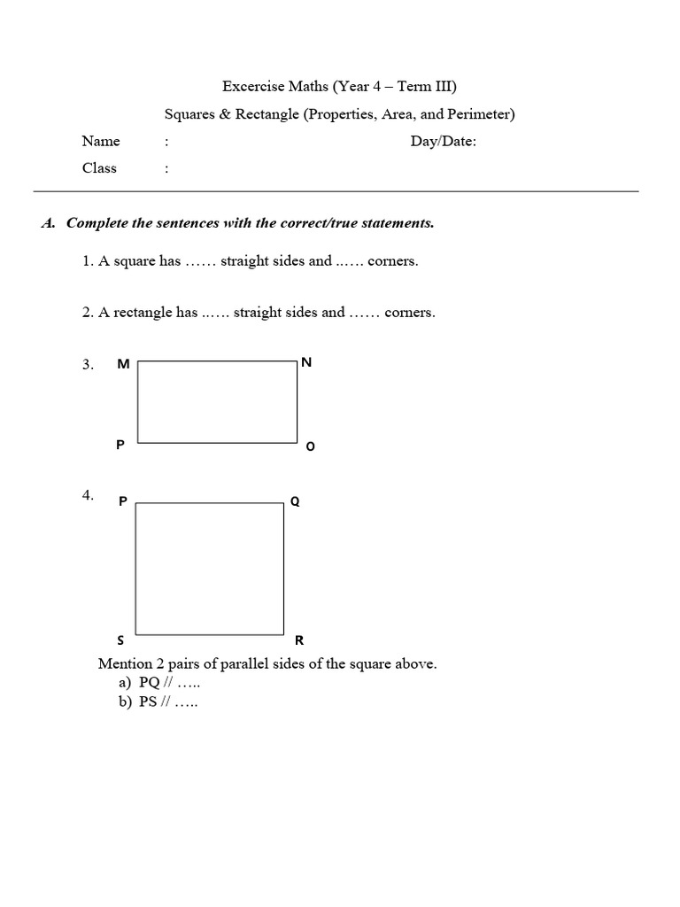 Excercise Math Squares and Rectangles | PDF