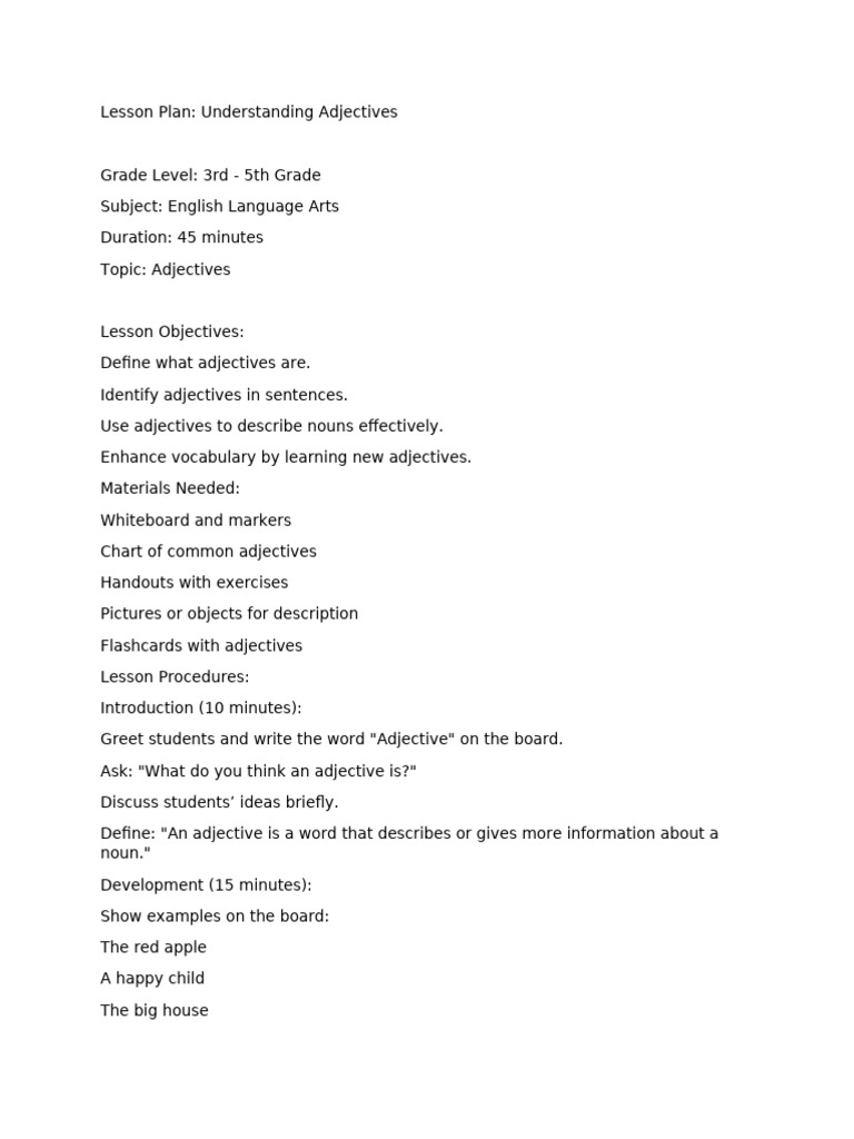Adjective Lesson Plan for Grades 3-5 | PDF