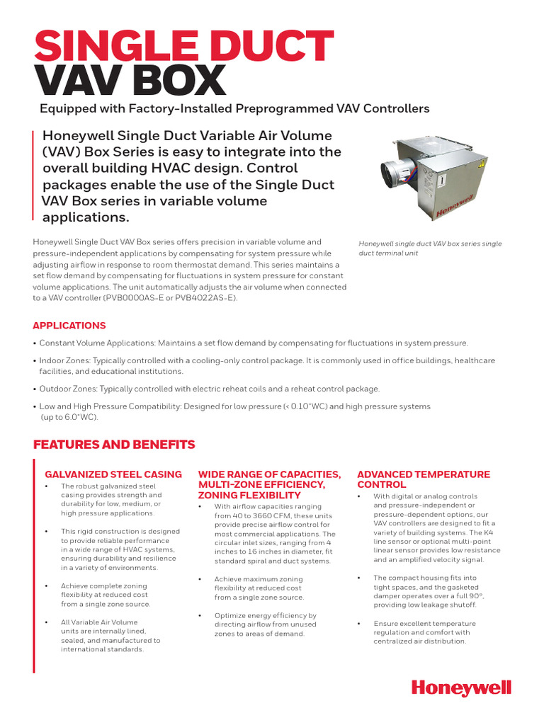 Honeywell Single Duct VAV Box Product Datasheet | PDF | Building ...
