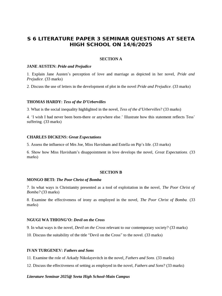 Literature Seminar Questions 2025 | PDF | Great Expectations
