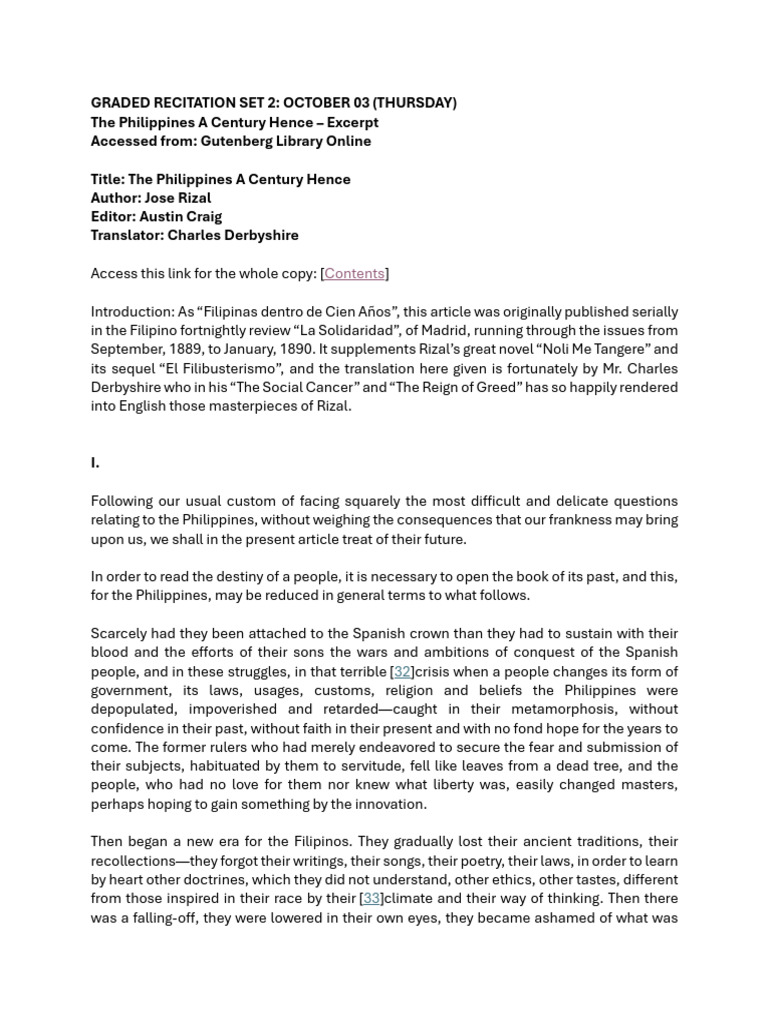 Philippines A Century Hence Excerpts | PDF | Philippines | Utopia