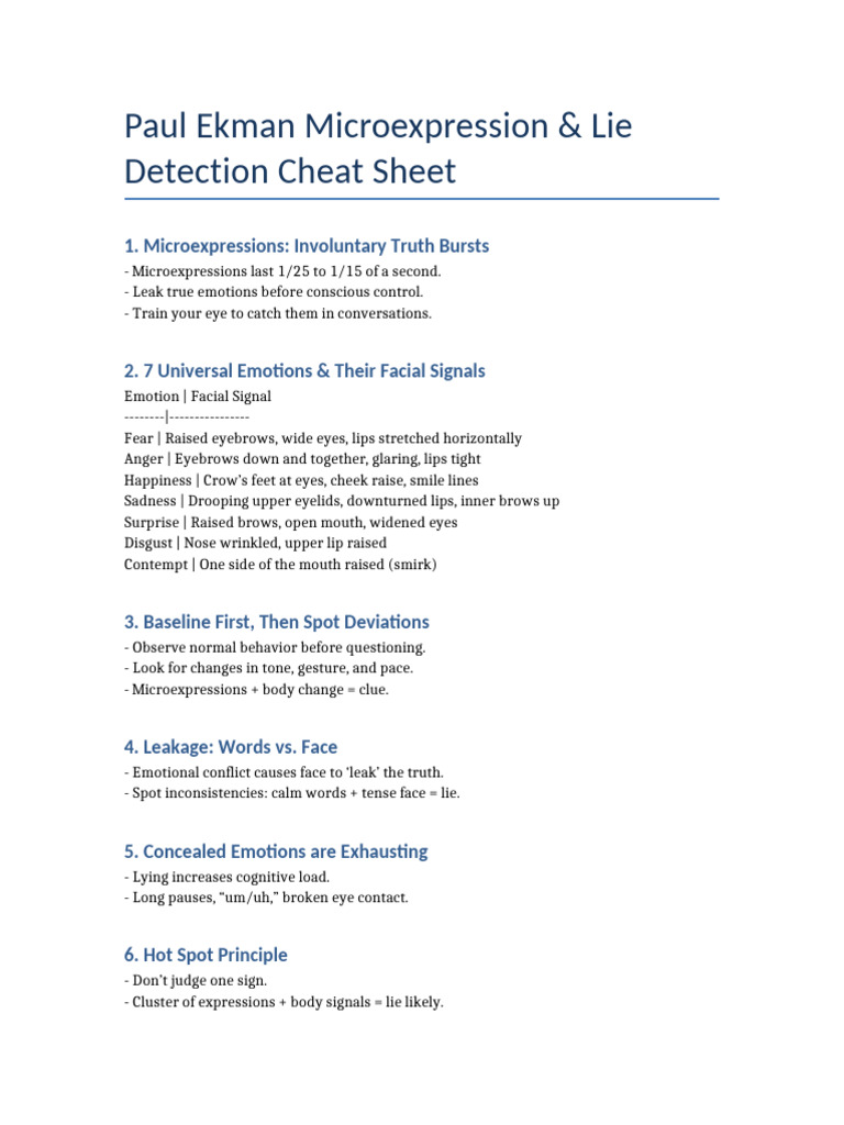Paul Ekman Microexpression Cheat Sheet | PDF