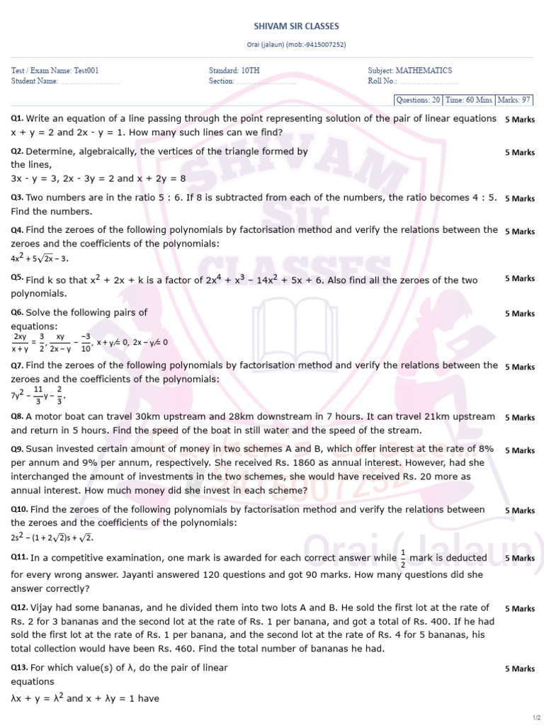 10th Grade Mathematics Test Questions | PDF | Factorization | Polynomial