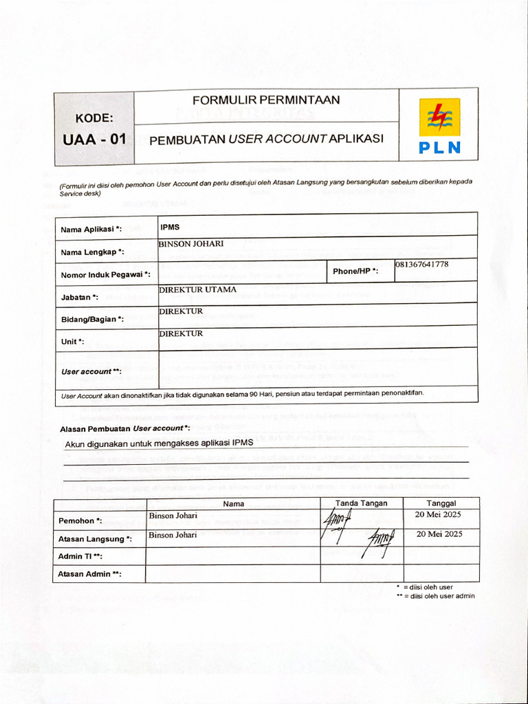Form SSO - PT Asta Sarana Raya - Binson Johari | PDF
