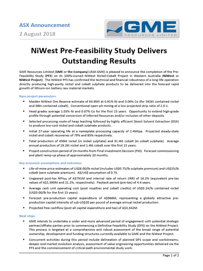 GME NiWest Nickel-Cobalt Project Pre-Feasibility Study 2018 | PDF | Mining | Nickel