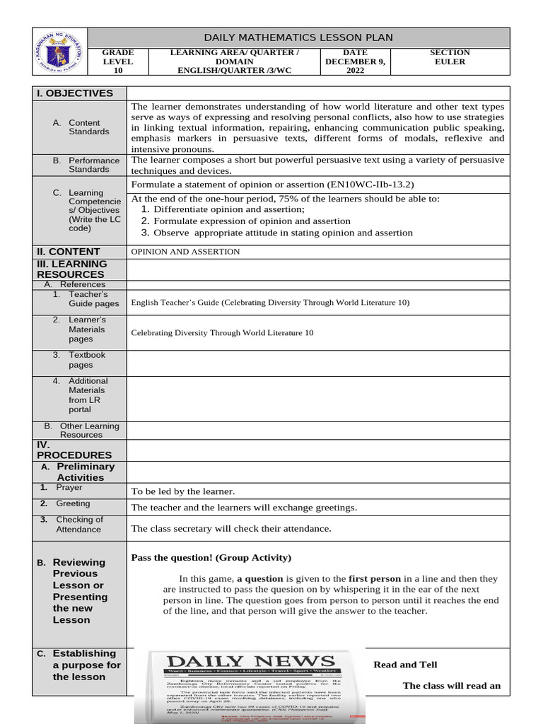 Lesson Plan For Opinion Assertion | PDF | Learning | Lesson Plan