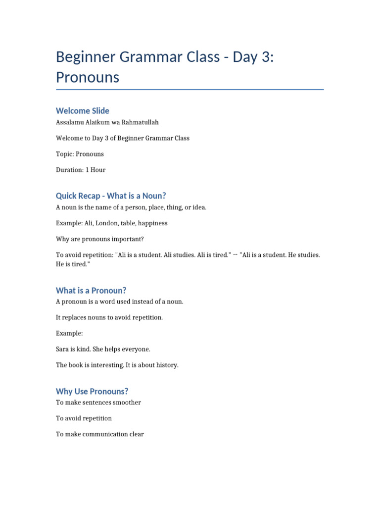 Beginner Grammar Class Day3 Pronouns | PDF | Pronoun | Noun