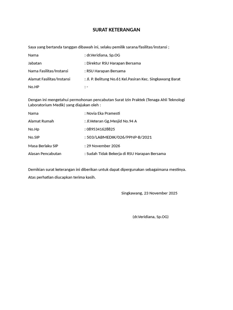 Surat Keterangan Sip Novia | PDF
