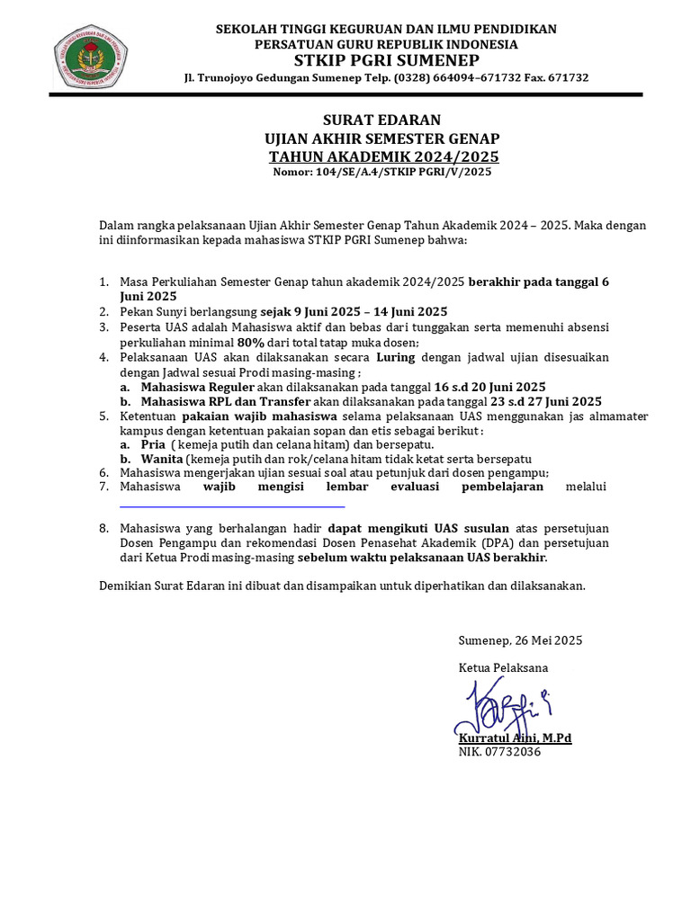 Edaran Uas Genap 2024-2025_ Mahasiswa | PDF