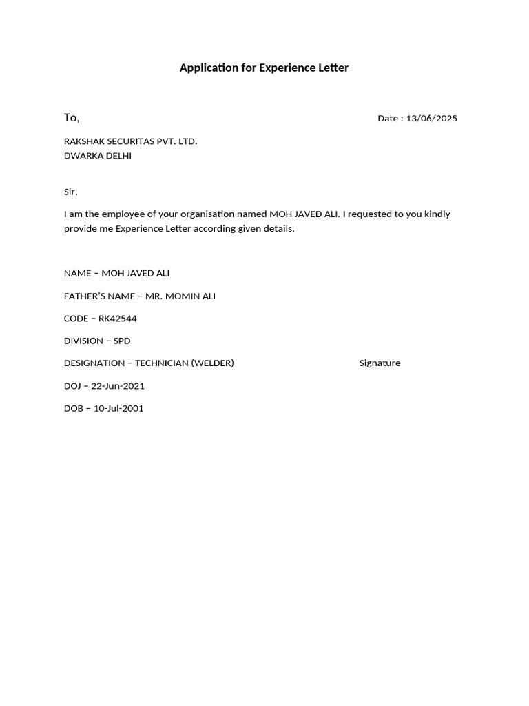 Application For Experience Letter | PDF