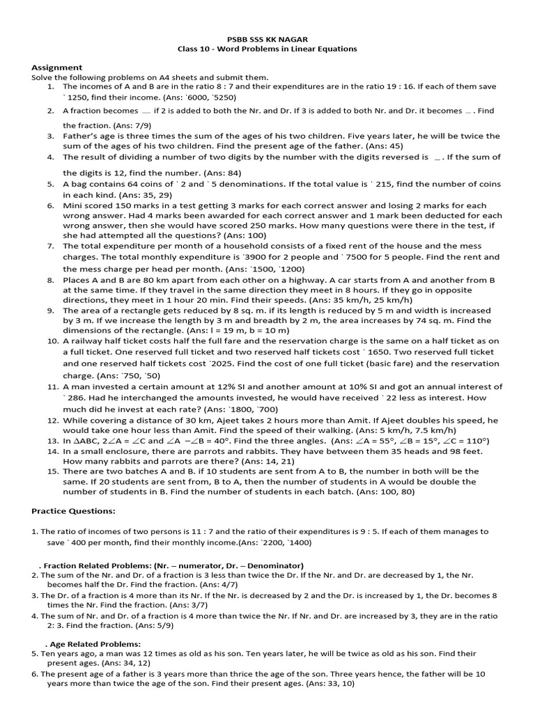 Class 10 Linear Equations Word Problems | PDF | Length | Area