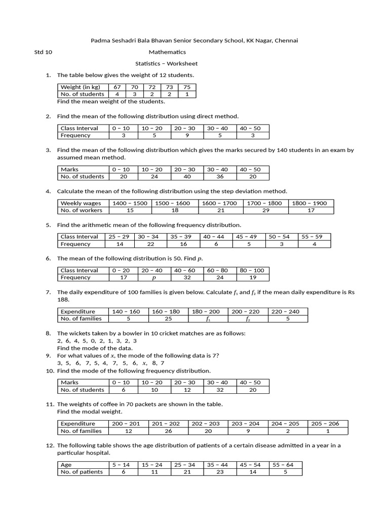 Statistics Worksheet for Std 10 Students | PDF | Mode (Statistics) | Mean