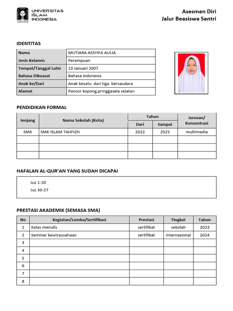 Asesmen Data Diri | PDF