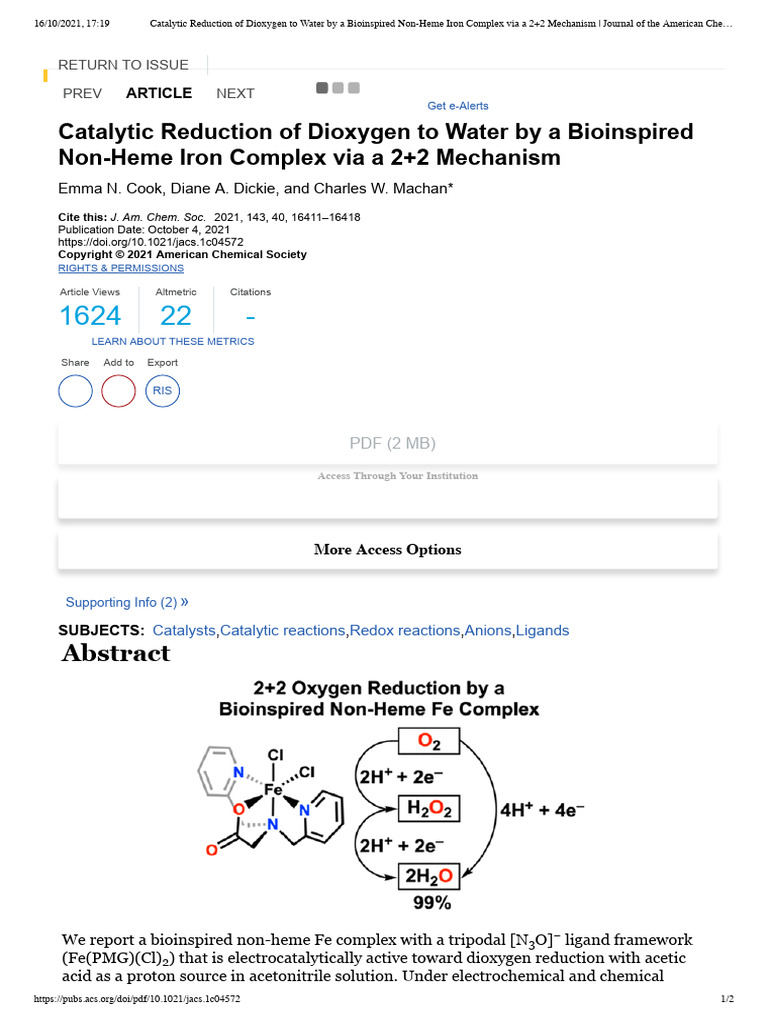 Catalytic Reduction of O2 To H2O by A Bioinspired Non-Heme Fe Complex ...