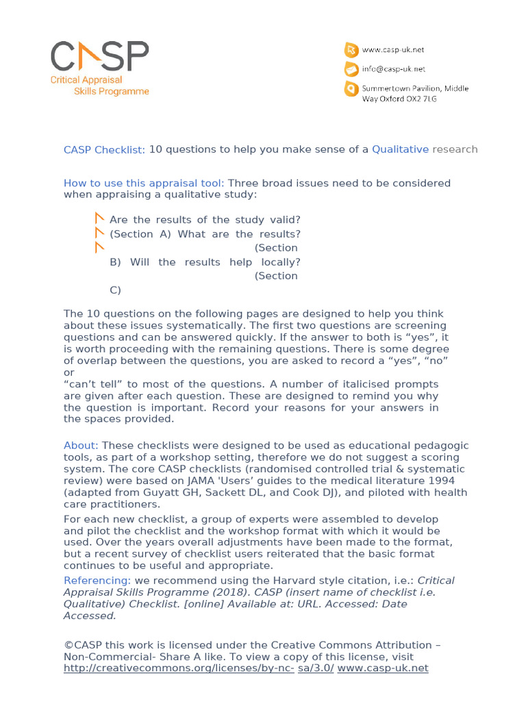 CASP Qualitative Checklist 2018 | PDF | Focus Group | Scientific Method