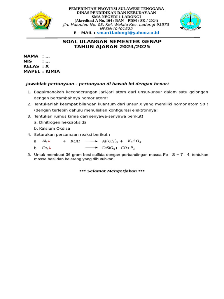 SOAL KIMIA X - Ulangan Semester Genap 2024-2025 | PDF