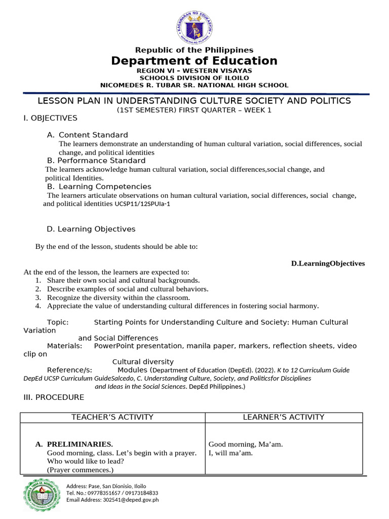 1ST Quarter Lesson Plan Ucsp First Week Day 1 | PDF | Cognition | Behavior Modification