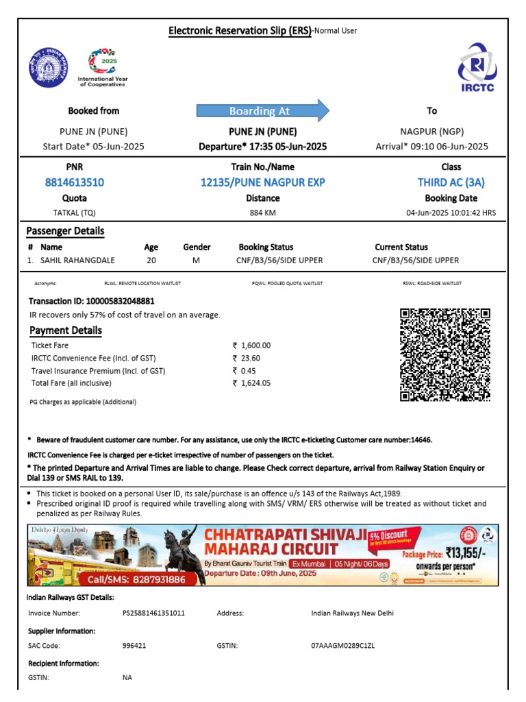 Pune-Nagpur Express Ticket Details | PDF | Identity Document | Payments
