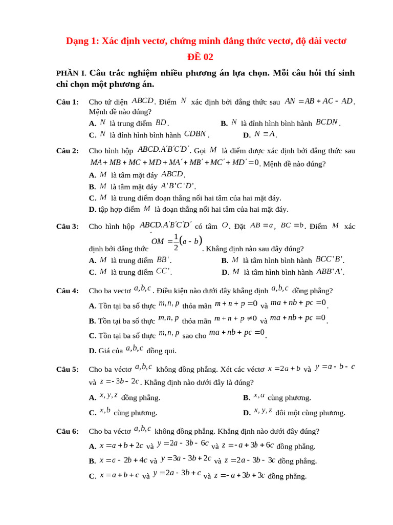 DẠNG 1 VECTO ĐỀ 02 | PDF