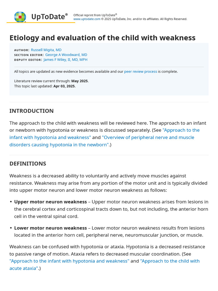 Etiology and Evaluation of the Child With Weakness - UpToDate | PDF ...