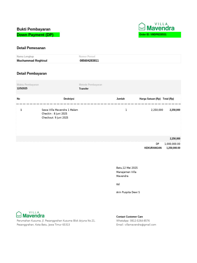 Invoice DP Villa Mavendra | PDF