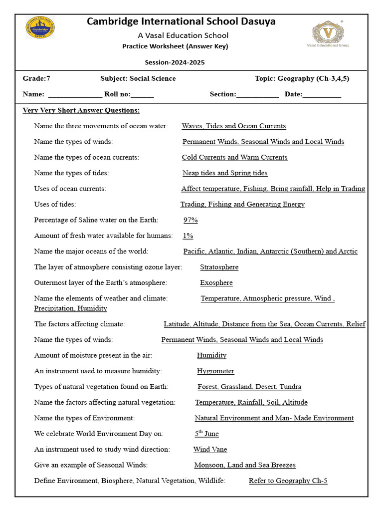 Gr-7 Geography Worksheet (Answer Key) YEE | PDF | Natural Environment ...