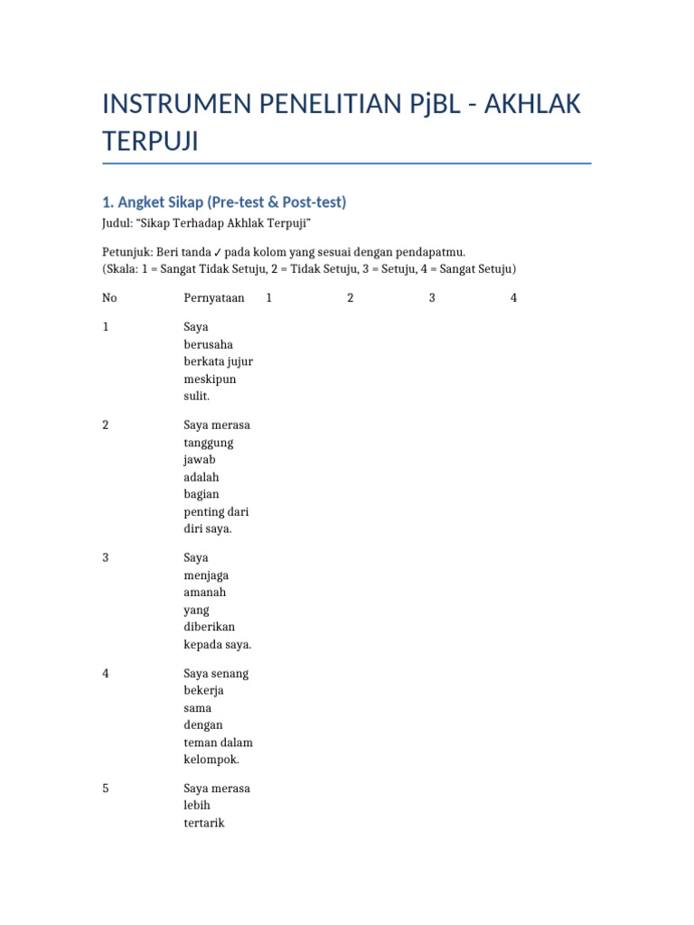 Instrumen PTK PJBL Akhlak Terpuji | PDF