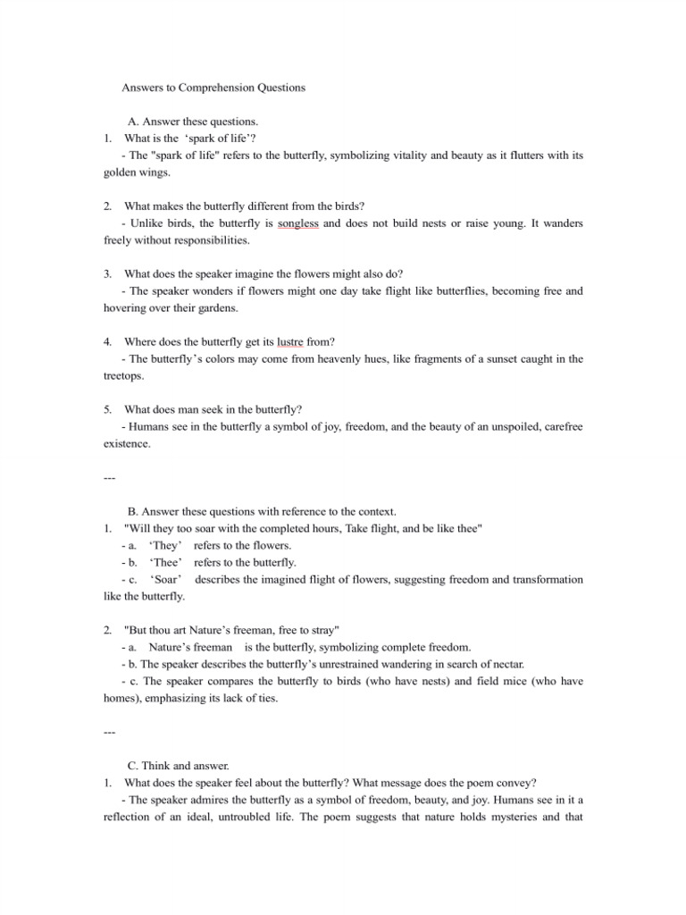 Ode To A Butterfly Questions Answers | PDF