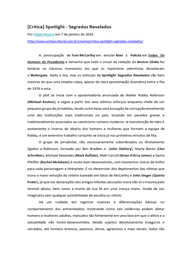 (Crítica) Spotlight - Segredos Revelados | PDF