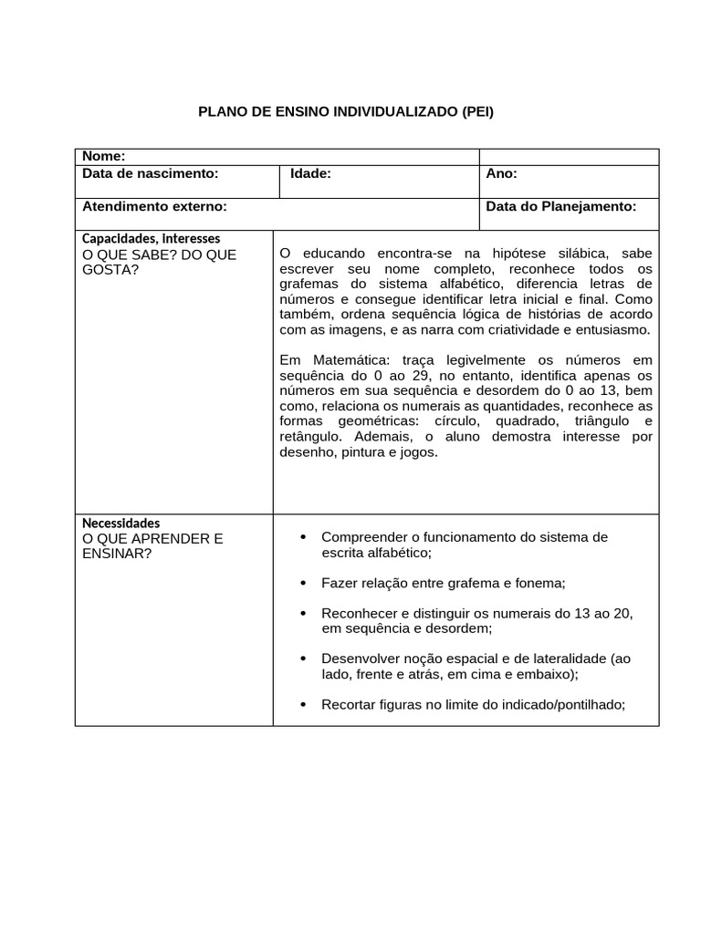 Modelo de PEI | PDF | Pedagogia | Alfabetização