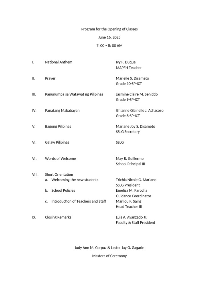 Opening of Classes Program 2025 | PDF