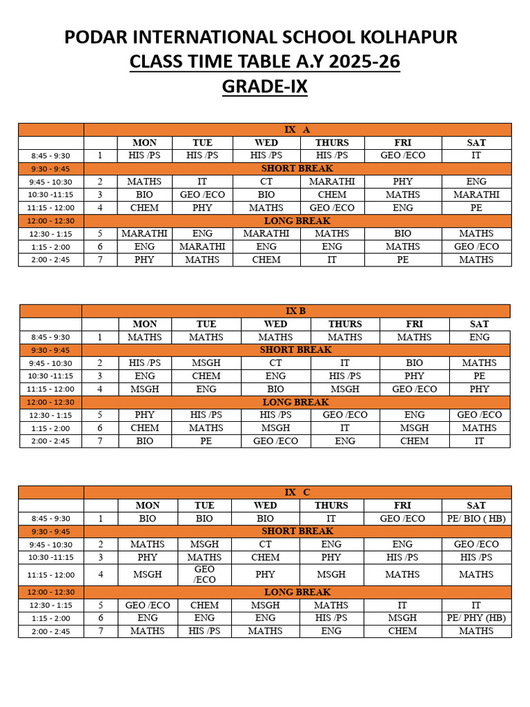 Class Time Table Grade Ix | PDF
