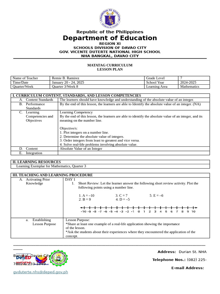 Grade 7 Math Lesson Plan: Absolute Value | PDF | Learning | Human ...