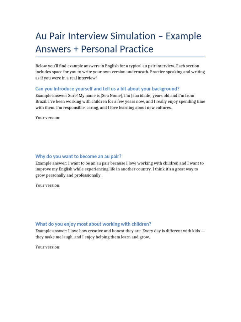 Au Pair Interview Simulation With Answers and Practice | PDF