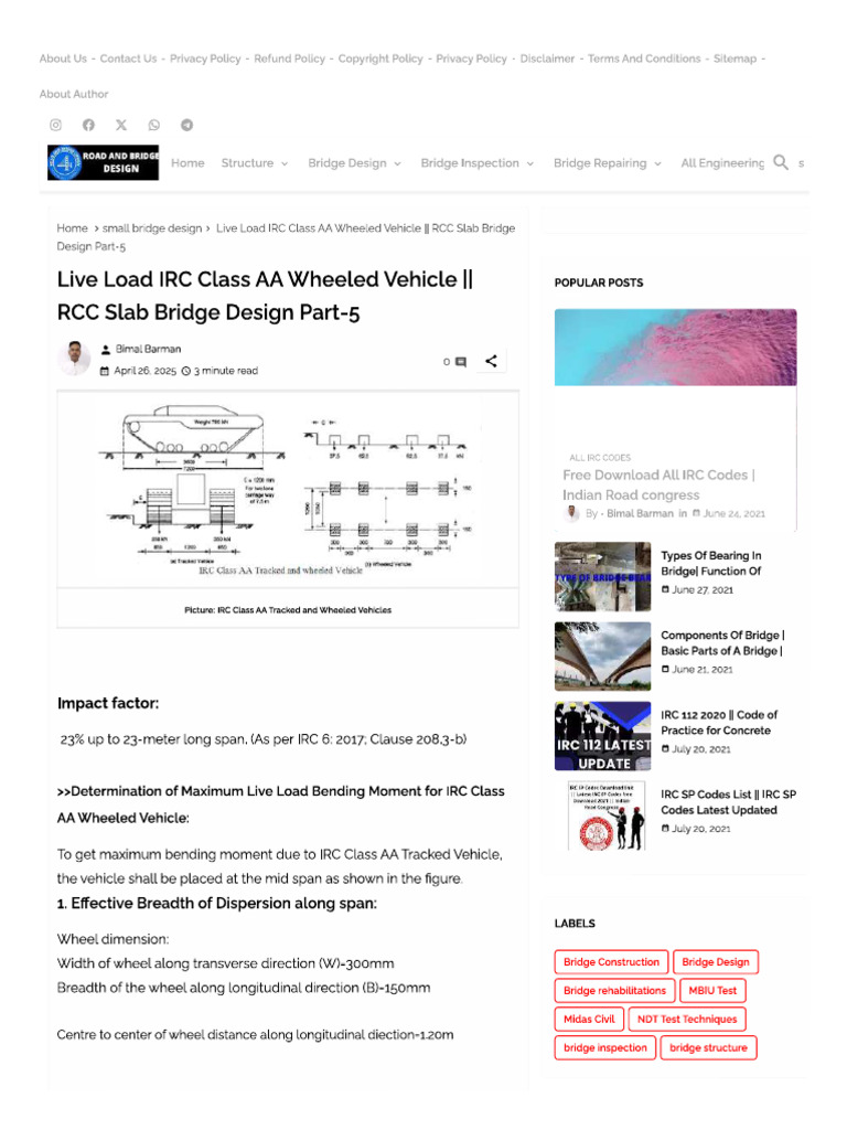 Live Load IRC Class AA Wheeled Vehicle RCC Slab Bridge Design Part-5 | PDF
