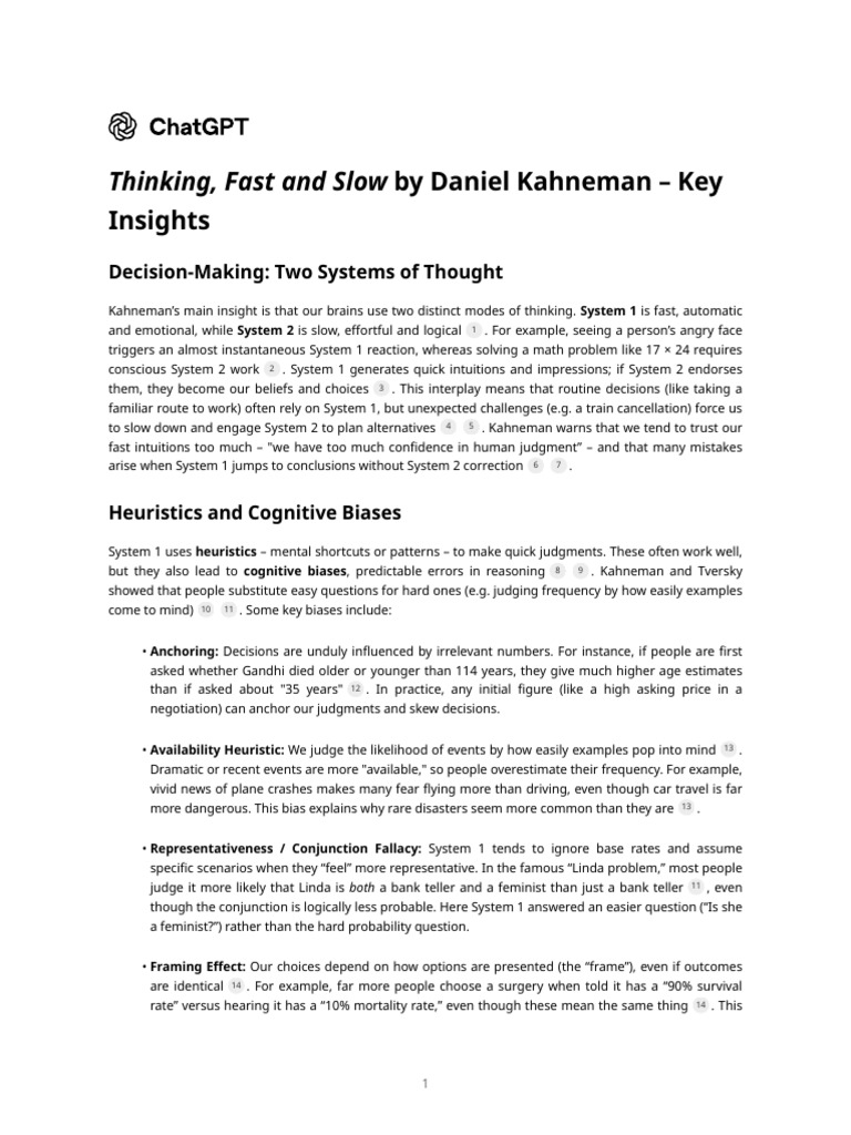 Thinking, Fast and Slow - by Daniel Kahneman - Key Insights | PDF ...