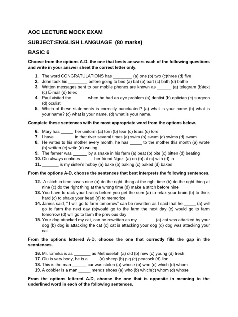 English Language Mock Exam for Basic 6 | PDF