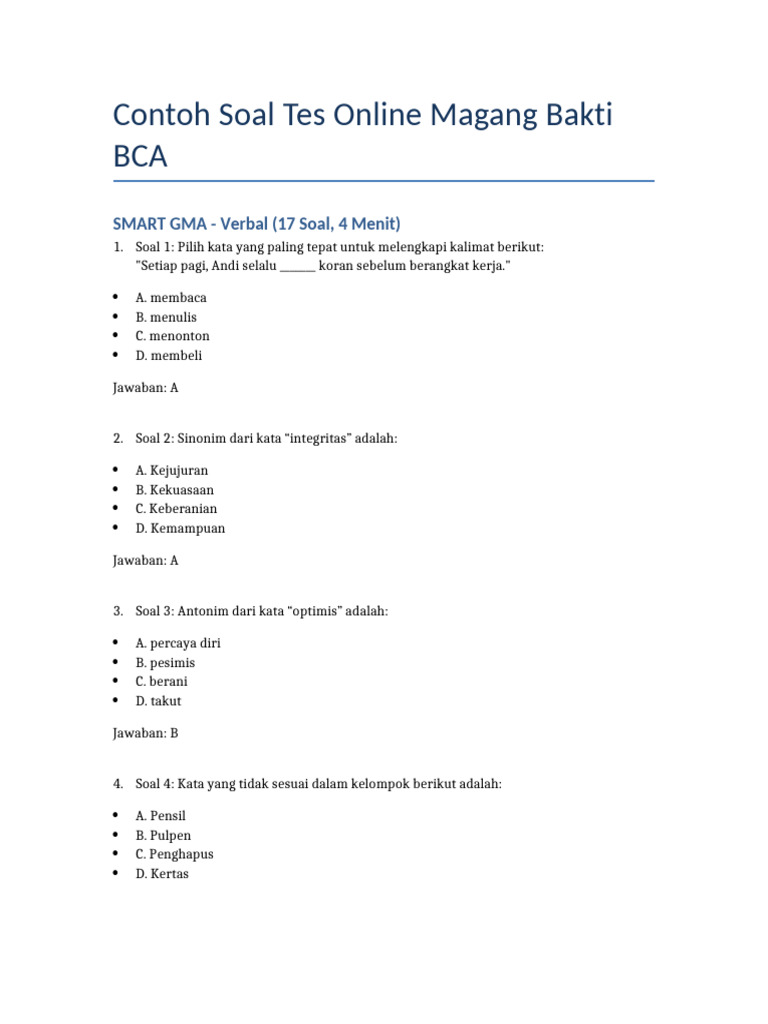 Contoh Soal Magang Bakti BCA Lengkap Verbal | PDF