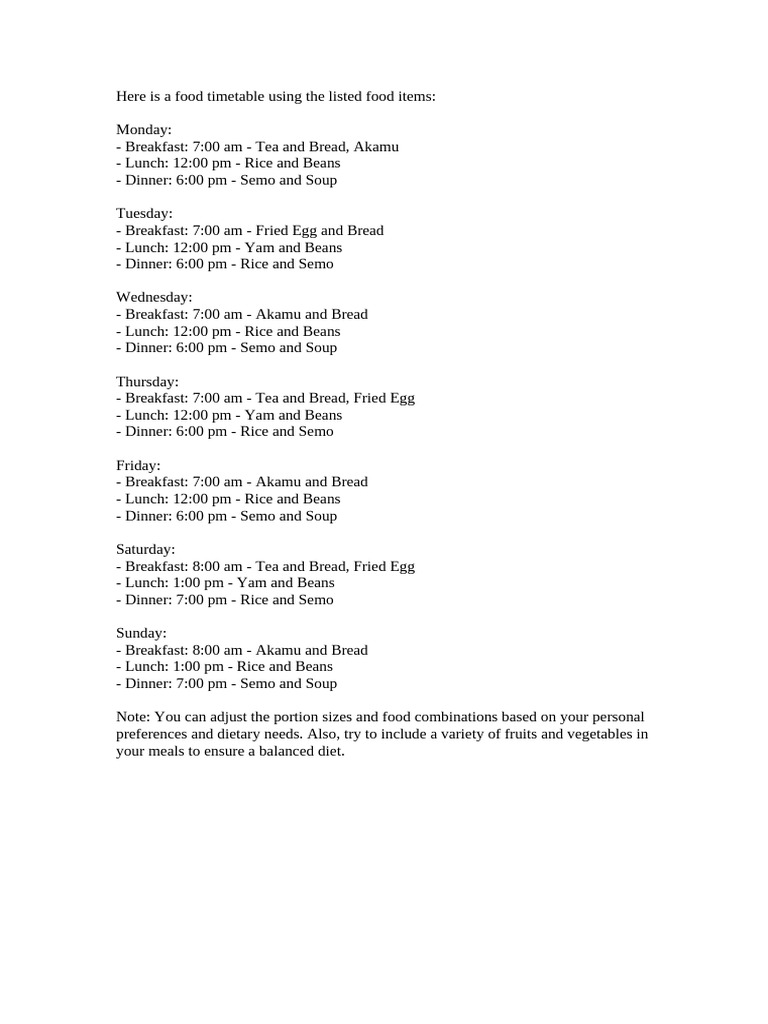Weekly Balanced Diet Timetable | PDF
