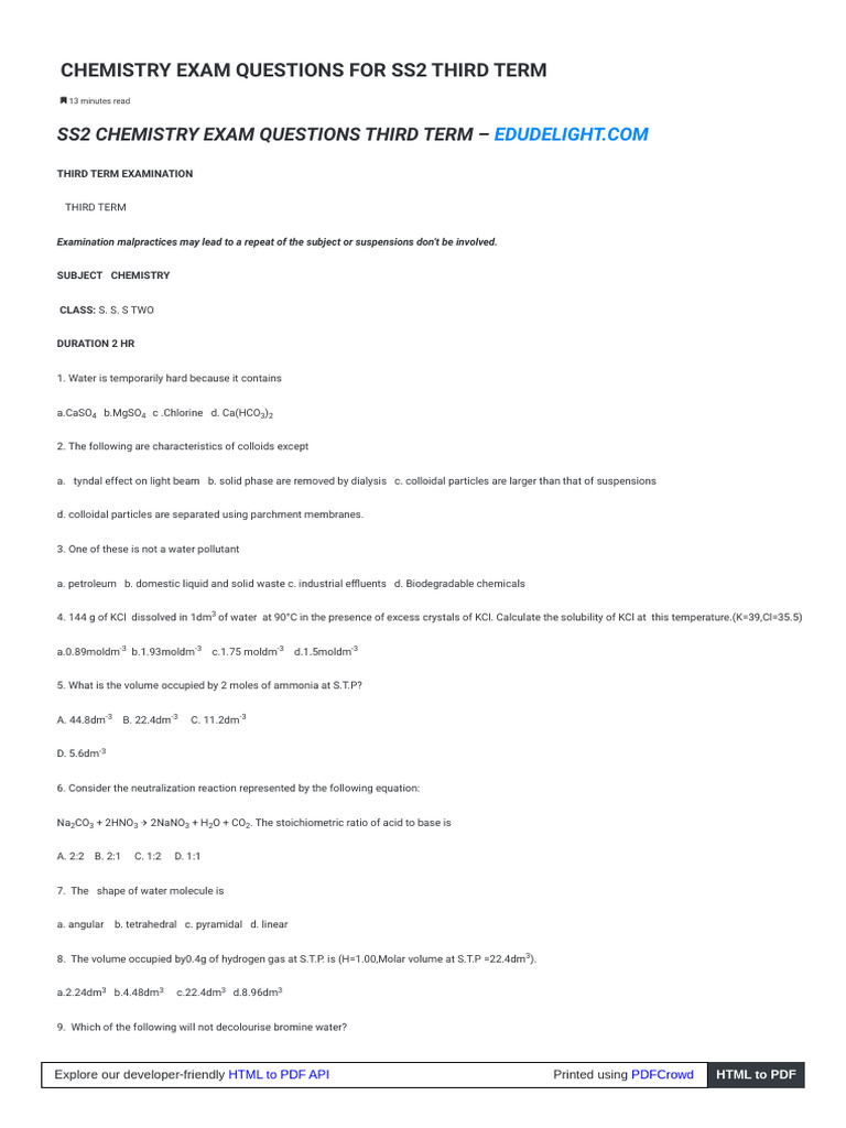Edudelight Com Chemistry Exam Questions For Ss2 Third Term | PDF | Chemical Elements | Chemical ...