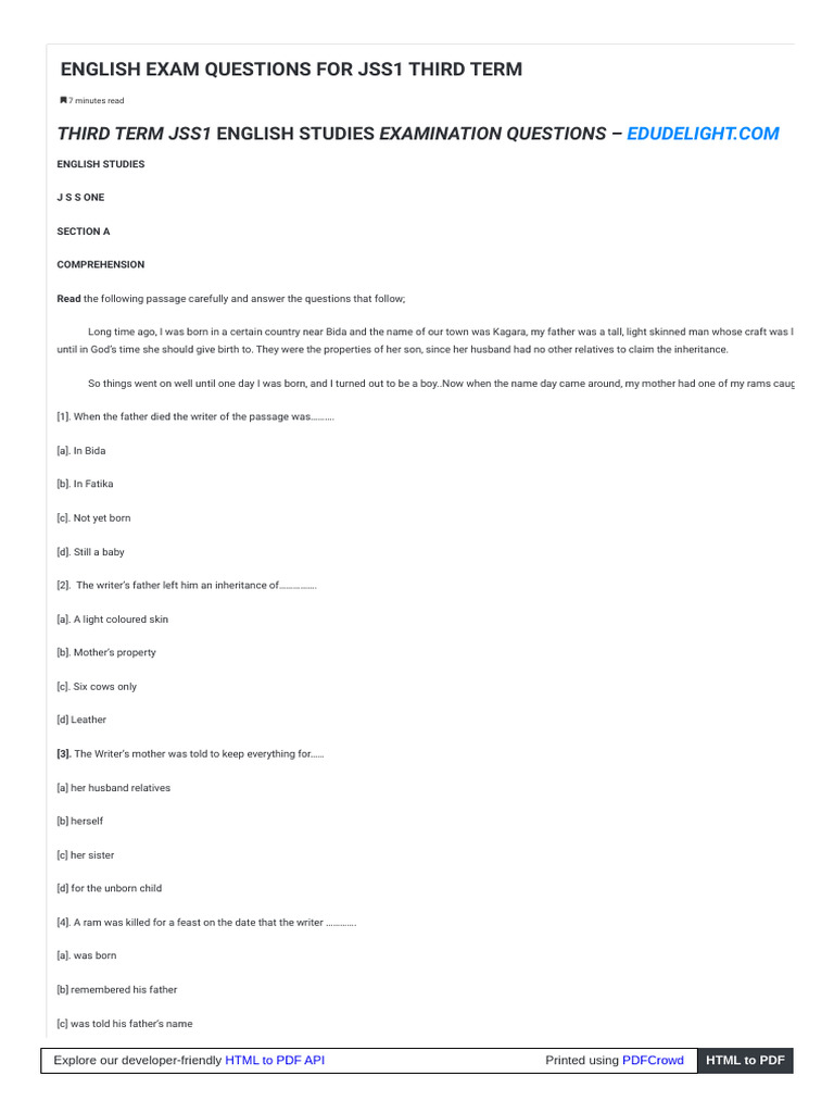Edudelight Com English Exam Questions For Jss1 Third Term Go | PDF ...