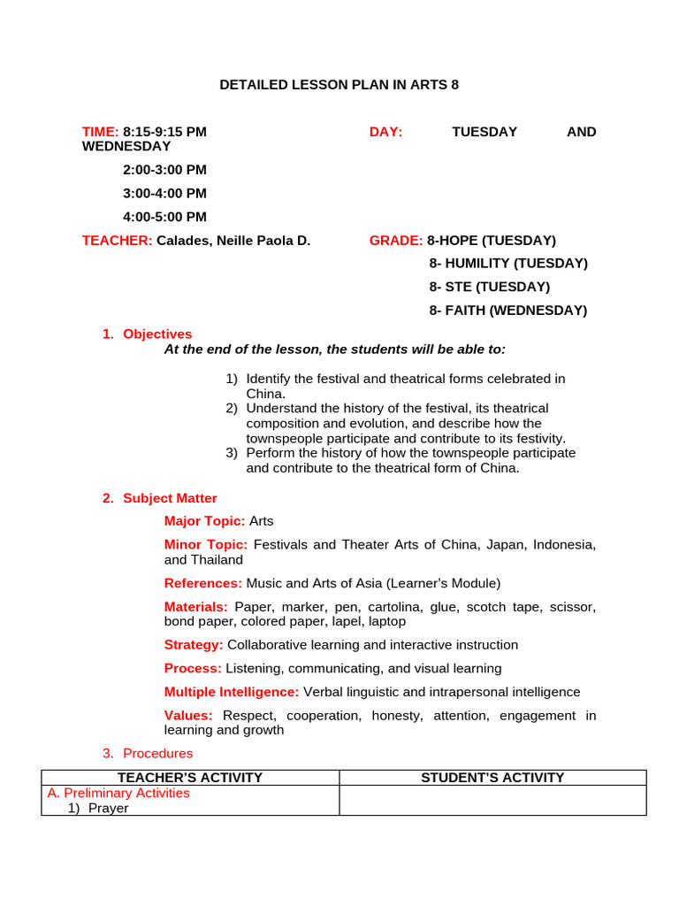 Detailed Lesson Plan in Arts 8 (For Feb 25-26) | PDF | Performing Arts