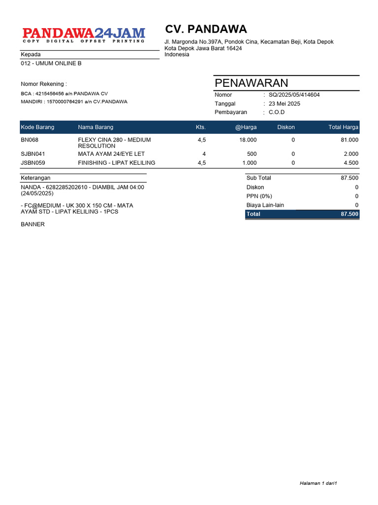 Cv. Pandawa: Penawaran | PDF