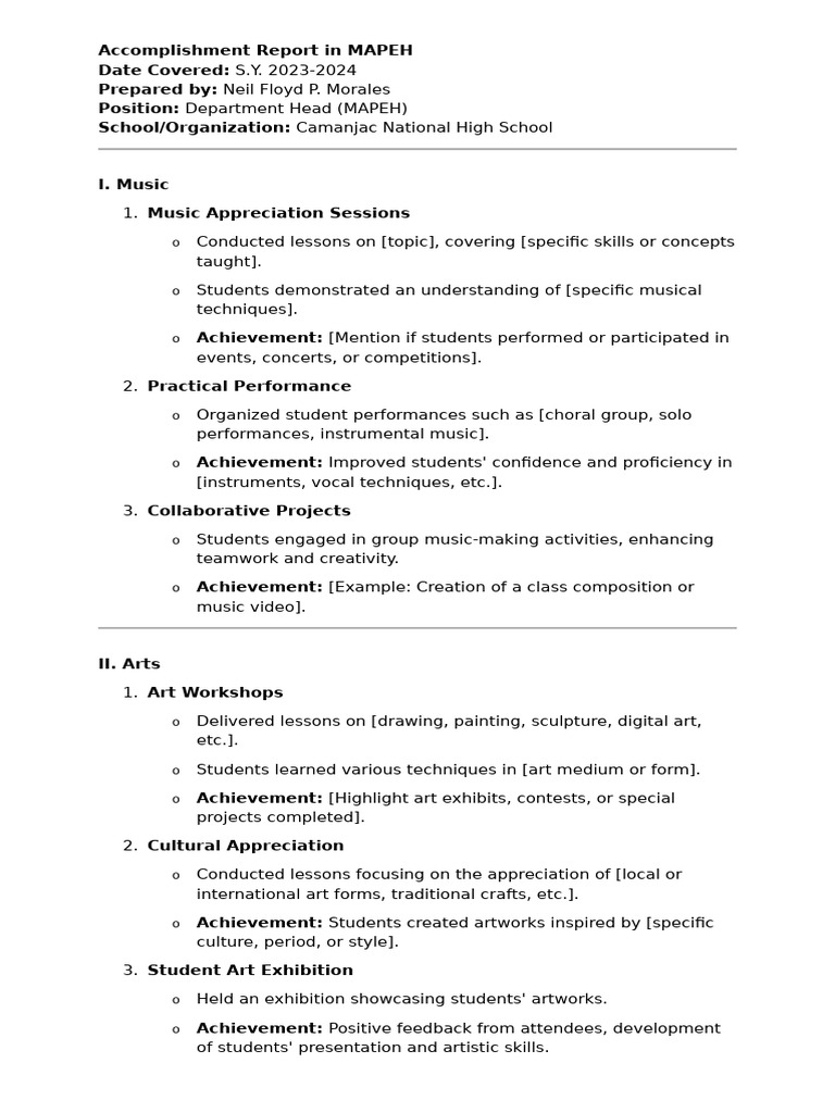 MAPEH Accomplishment Report 2023-2024 | PDF | Physical Fitness