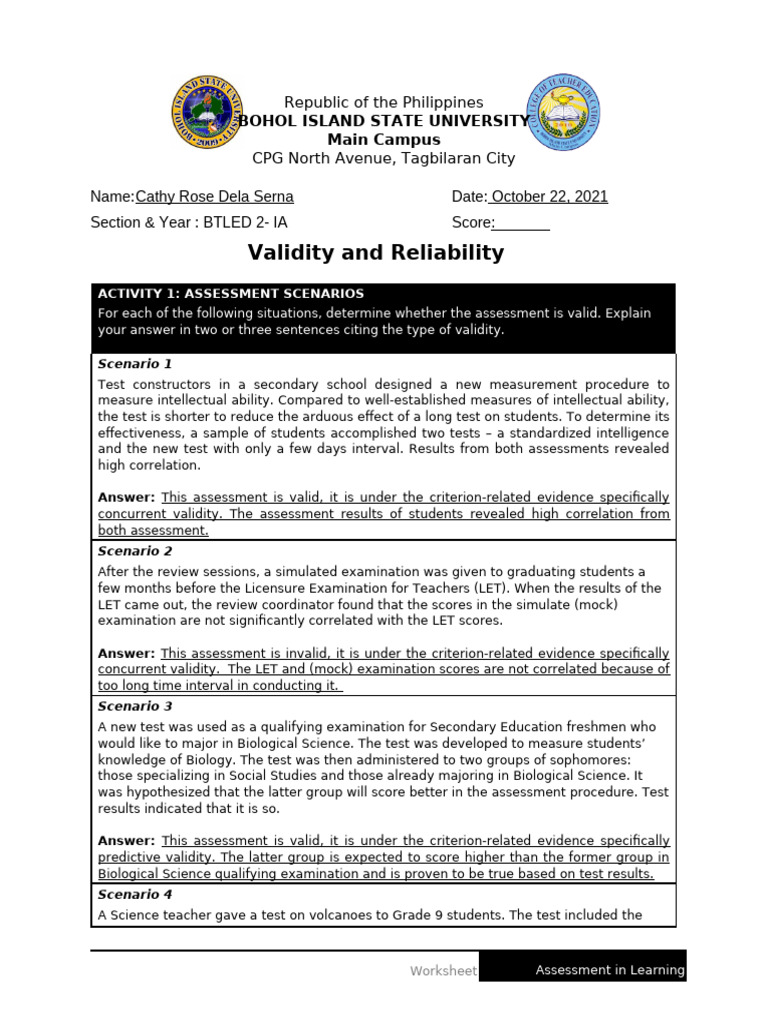 Dela Serna, Cathy Rose 4 - Validity-And-Reliability - Worksheet | PDF ...
