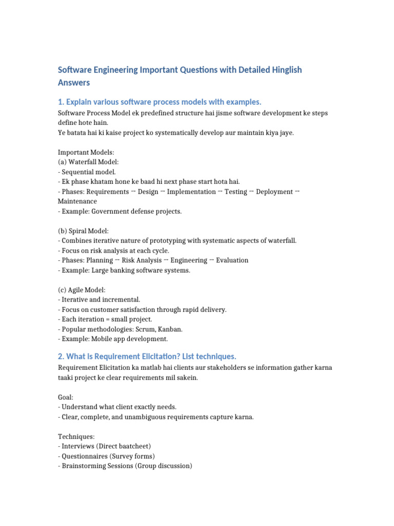 Software Engineering Important Questions Hinglish FINAL | PDF | Software Development Process ...