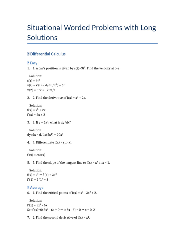 Math Topics Problems With Long Solutions | PDF | Derivative | Subtraction