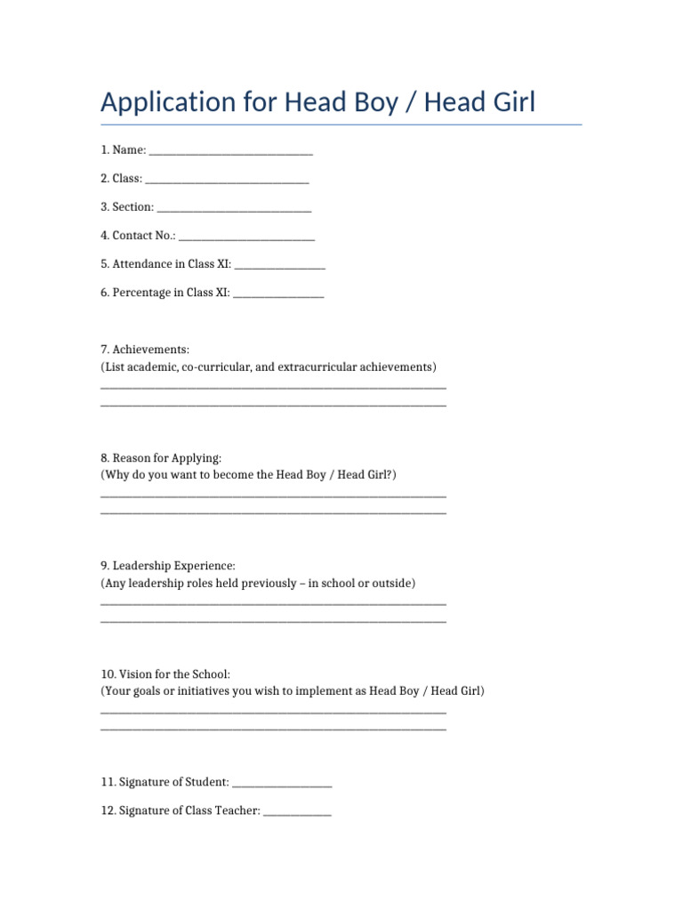 Head Boy/Girl Application Form | PDF