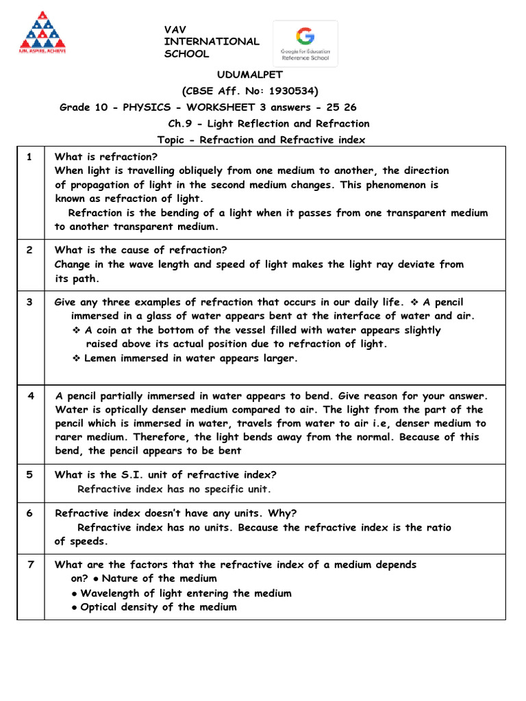 G10 - Ch.9 - Light Reflection and Refraction - Worksheet 3 Answers - 2526 | PDF | Refraction ...